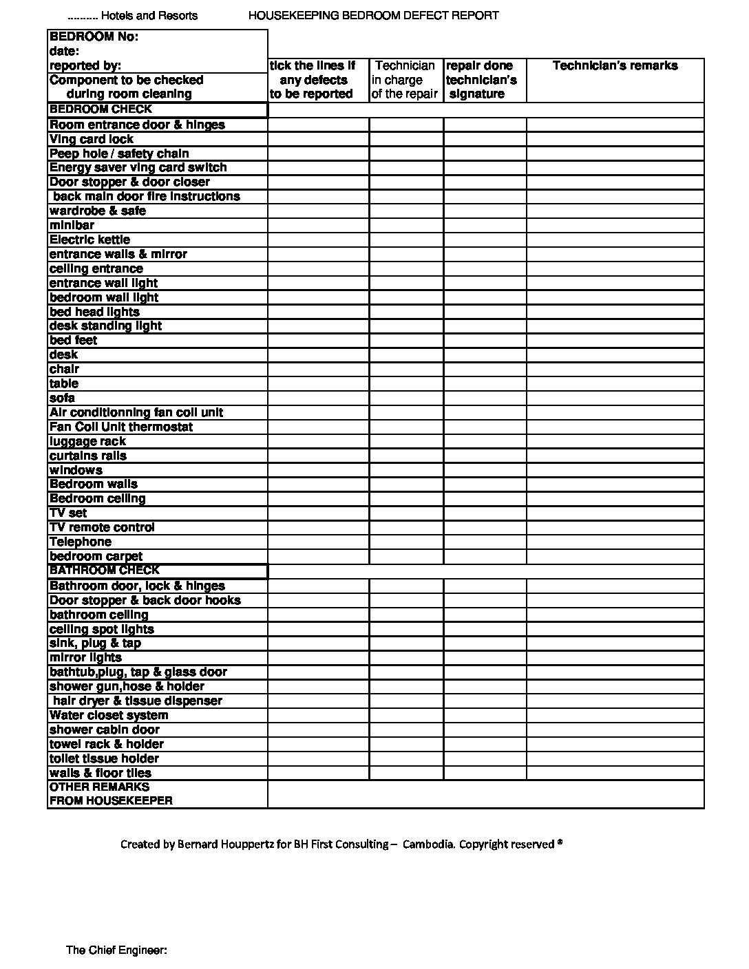 Housekeeping Bedroom Defect List BH First Consulting Housekeeping Bedroom Defect List BH First Consulting